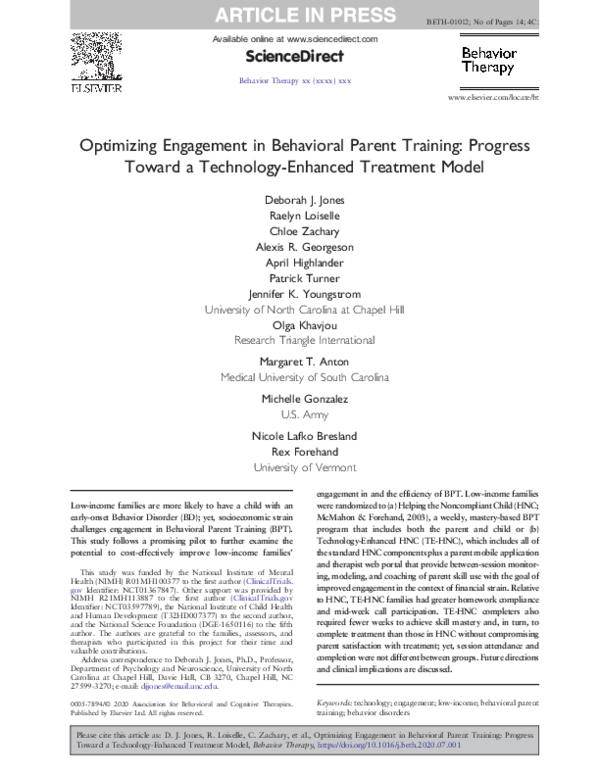 (PDF) Optimizing Engagement in Behavioral Parent Training: Progress ...