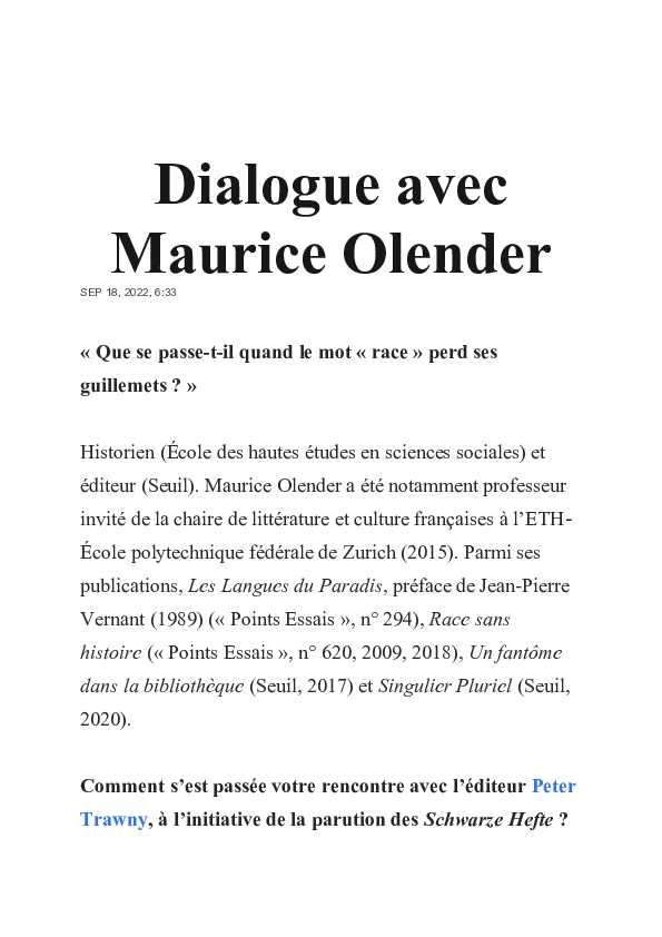 Dialogue avec Maurice Olender