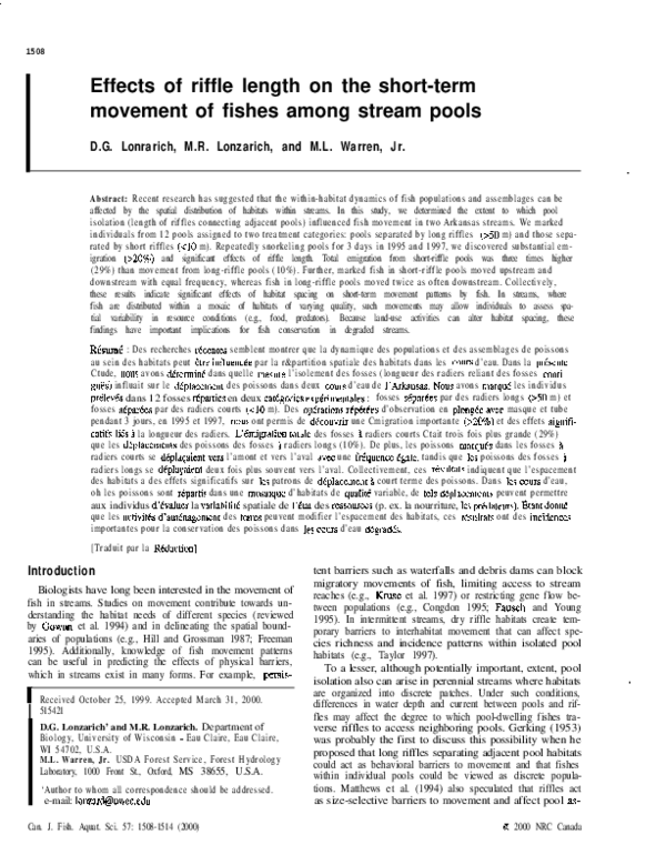 (PDF) Effects of riffle length on the short-term movement of fishes ...