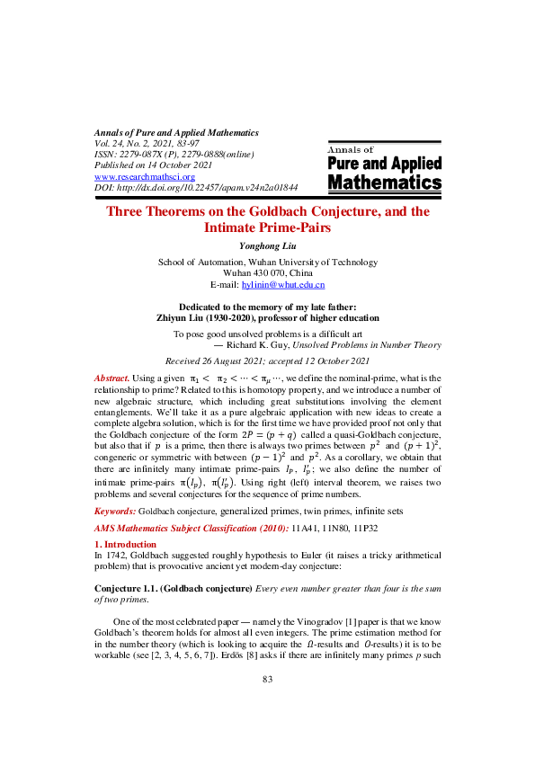 Pdf Three Theorems On The Goldbach Conjecture And The Intimate Prime Pairs