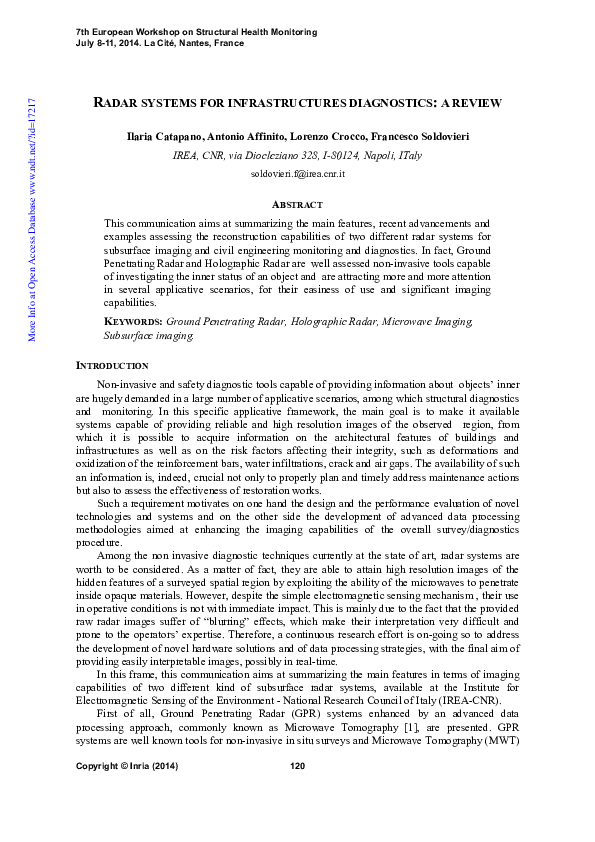 (PDF) Radar Systems for Infrastructures Diagnostics: A Review