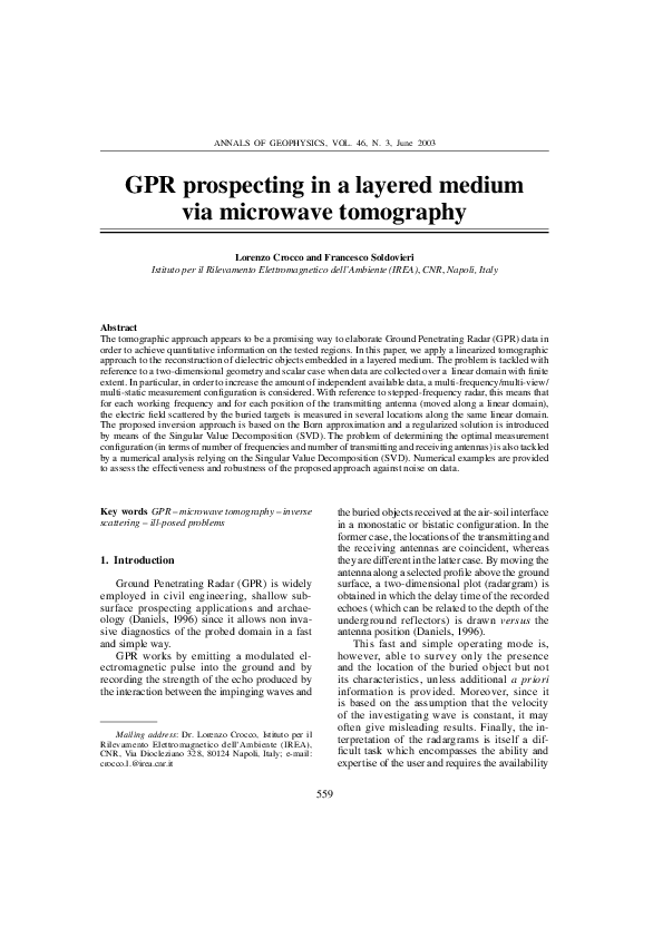 (PDF) GPR prospecting in a layered medium via microwave tomography