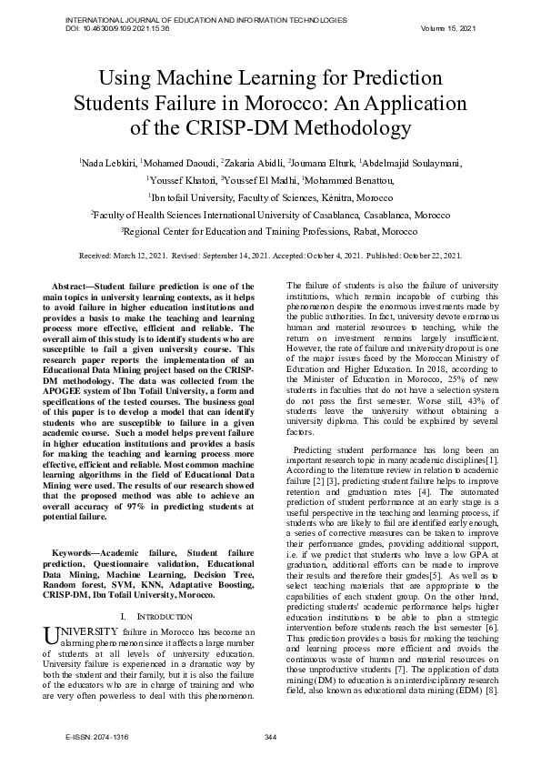 (PDF) Using Machine Learning for Prediction Students Failure in Morocco: an Application of the ...