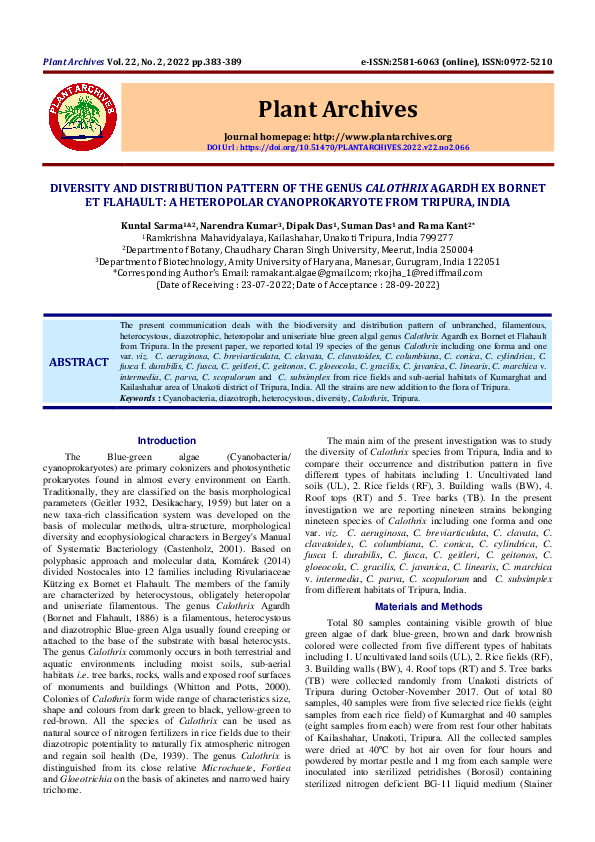 (PDF) Diversity and Distribution Pattern of the Genus Calothrix Agardh Ex Bornet et Flahault: A ...