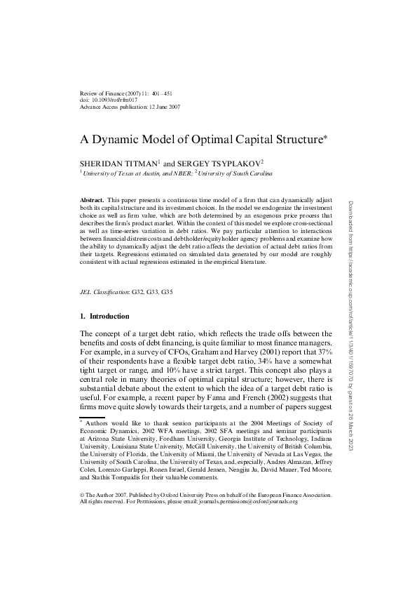 (PDF) A Dynamic Model of Optimal Capital Structure