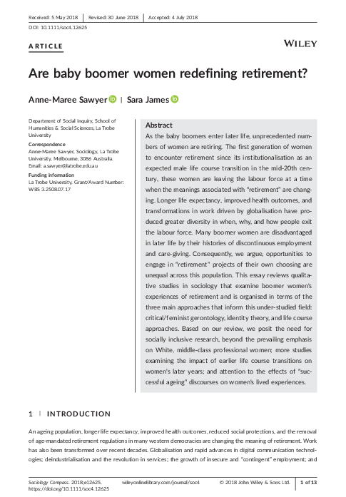 (PDF) Are baby boomer women redefining retirement?