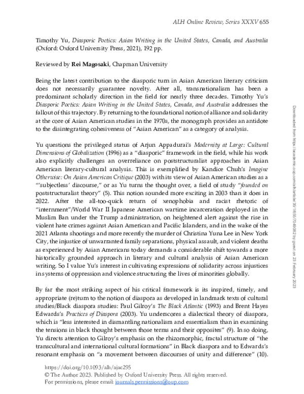 (PDF) Timothy Yu, Diasporic Poetics: Asian Writing in the United States ...