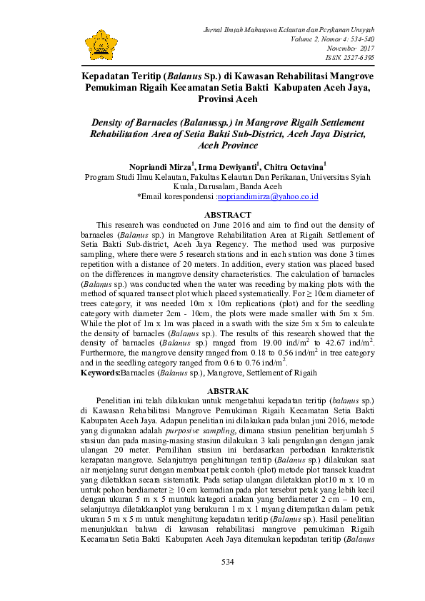 (PDF) Kepadatan Teritip (Balanus Sp.) di Kawasan Rehabilitasi Mangrove ...