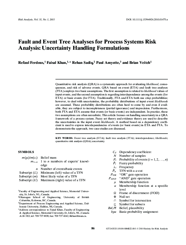 (PDF) Fault and Event Tree Analyses for Process Systems Risk Analysis: Uncertainty Handling ...