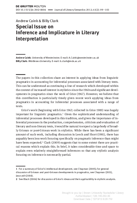 (PDF) Special Issue on Inference and Implicature in Literary Interpretation