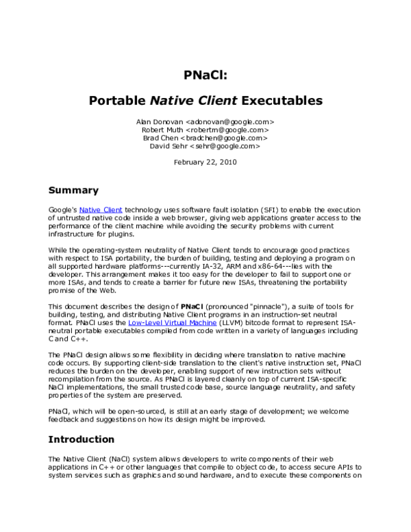 (PDF) PNaCl: Portable Native Client Executables