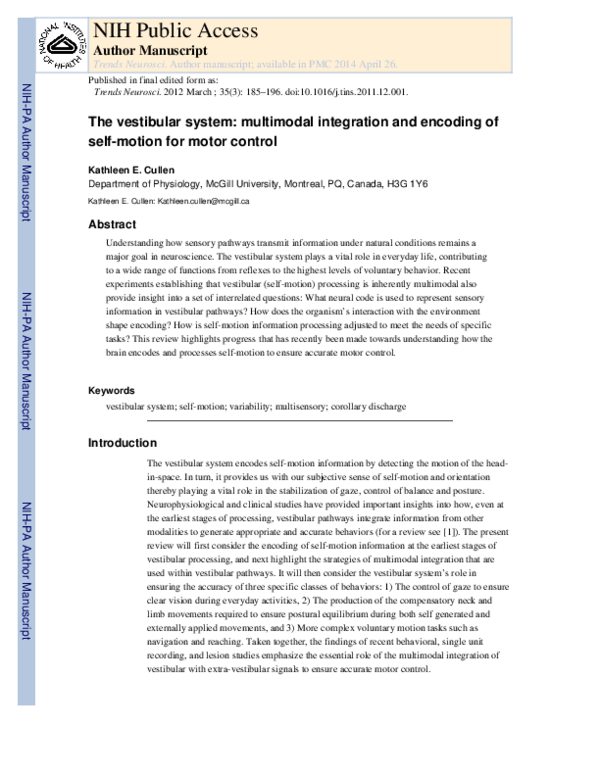 (PDF) The vestibular system: multimodal integration and encoding of self-motion for motor control