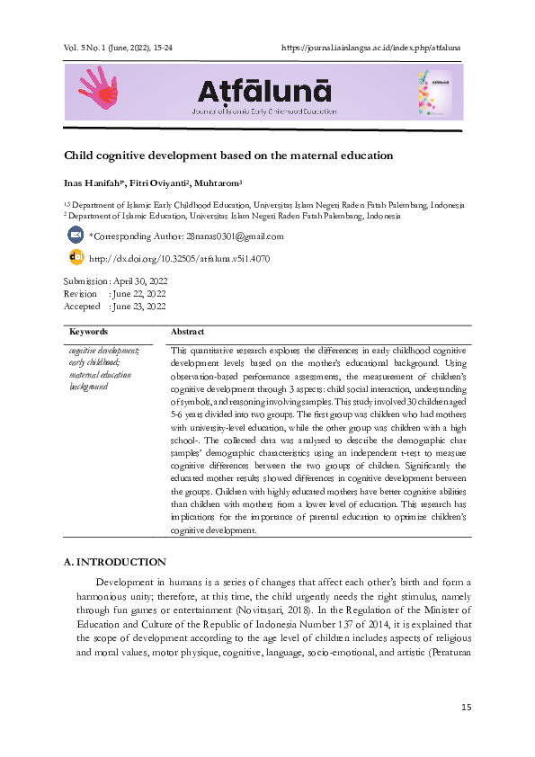 (PDF) Child cognitive development based on the maternal education
