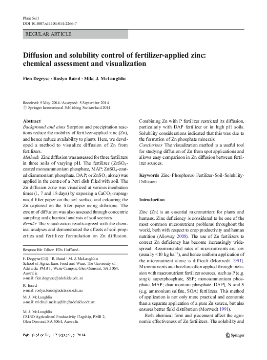 (PDF) Diffusion and solubility control of fertilizer-applied zinc ...