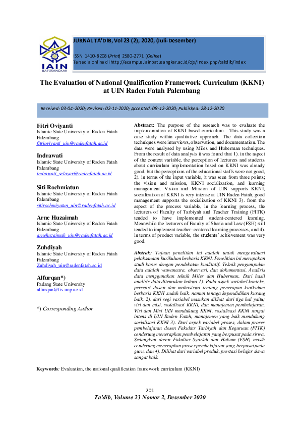 (PDF) The Evaluation of National Qualification Framework Curriculum (Kkni) at Uin Raden Fatah ...