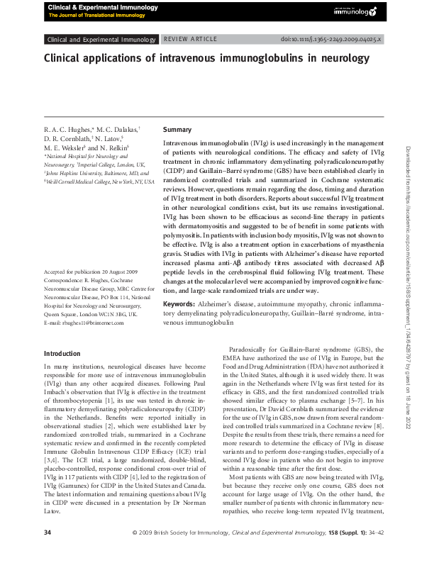 (PDF) Clinical applications of intravenous immunoglobulins in neurology