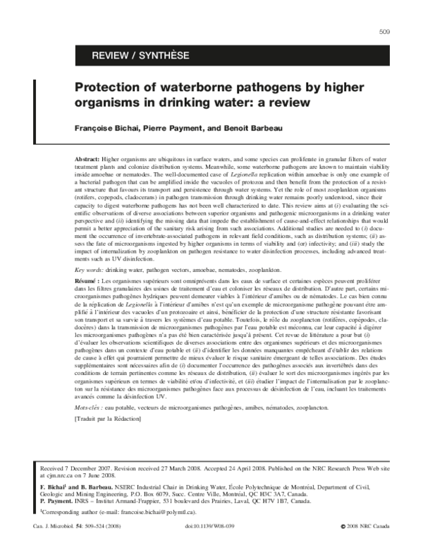(PDF) Protection of waterborne pathogens by higher organisms in ...