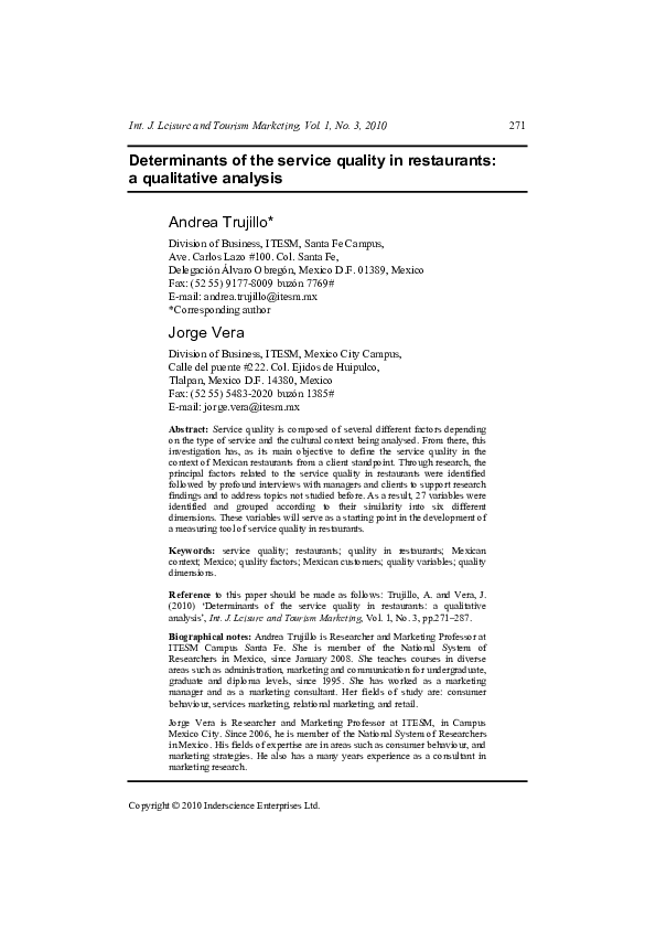 (PDF) Determinants of the service quality in restaurants: a qualitative ...