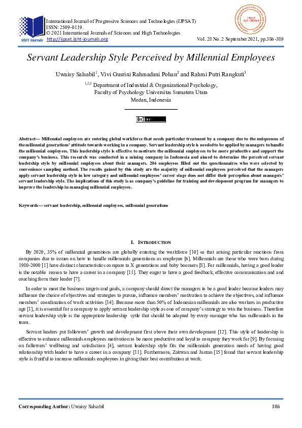 (PDF) Servant Leadership Style Perceived by Millennial Employees