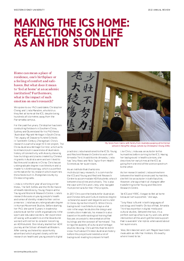 (PDF) Making the ICS home: Reflections on life as an HDR student