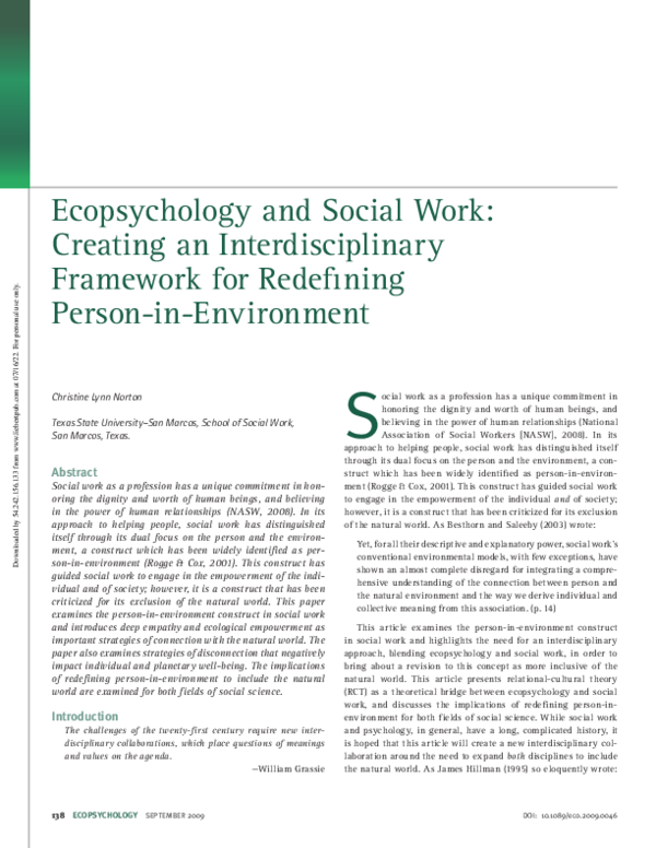 (PDF) Ecopsychology and Social Work: Creating an Interdisciplinary Framework for Redefining ...