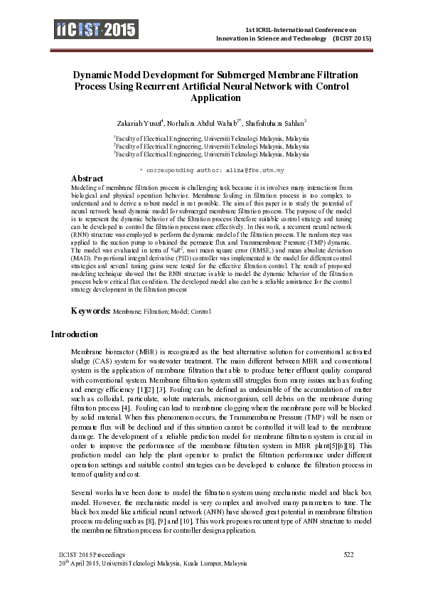 Pdf Dynamic Model Development For Submerged Membrane Filtration Process Using Recurrent