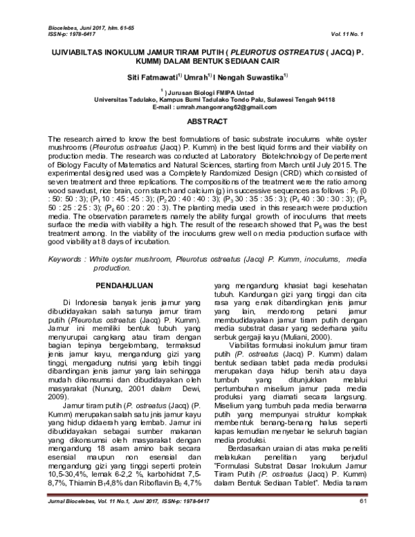 (PDF) Ujiviabiltas Inokulum Jamur Tiram Putih ( Pleurotus Ostreatus ...