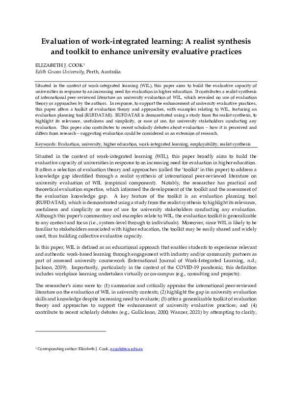 (PDF) Evaluation of work-integrated learning: A realist synthesis and toolkit to enhance ...