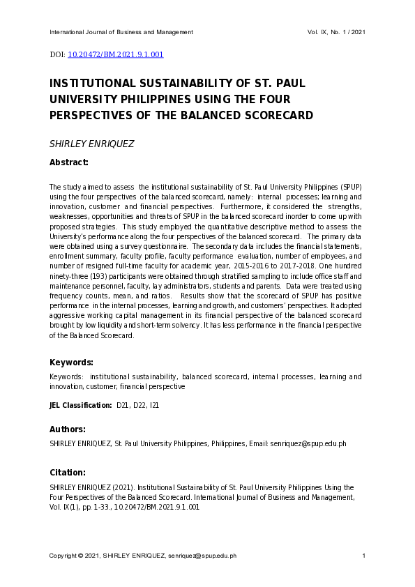 (PDF) Institutional Sustainability of St. Paul University Philippines ...