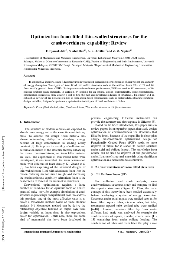Pdf Optimization Foam Filled Thin Walled Structures For The