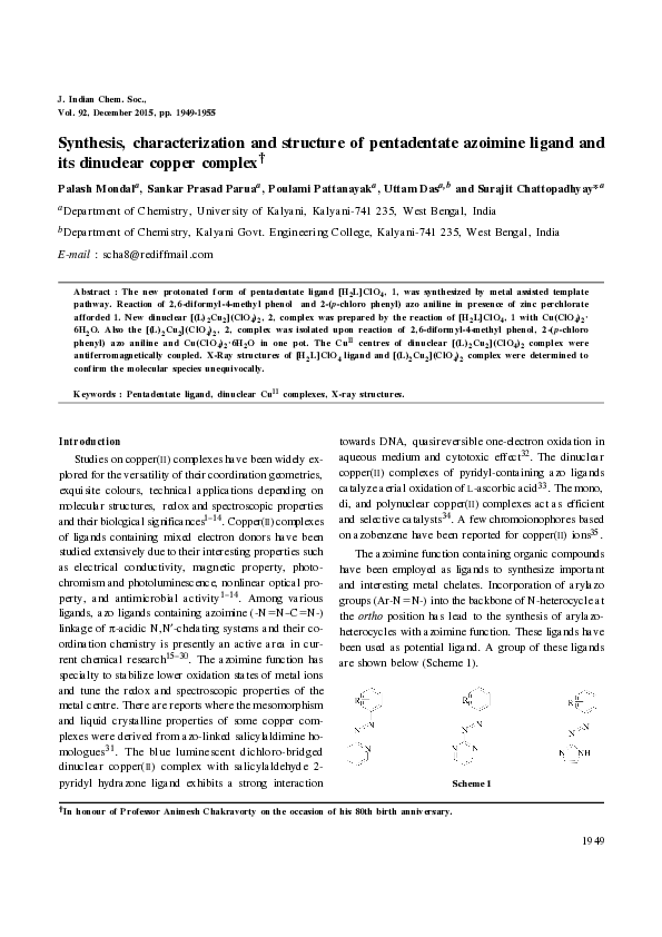 (PDF) Synthesis, characterization and structure of pentadentate azoimine ligand and its ...