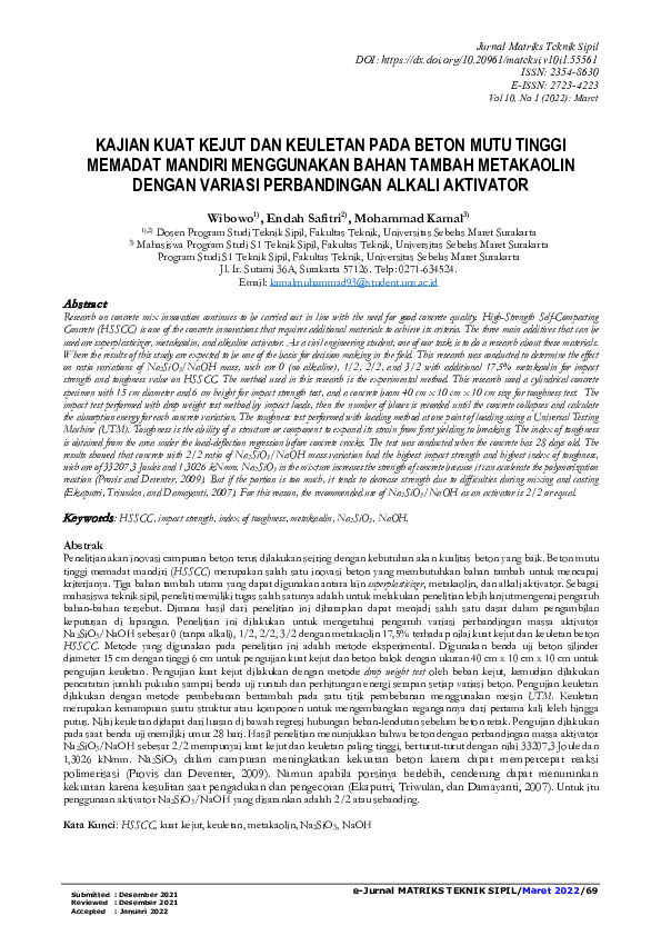 (PDF) Kajian Kuat Kejut dan Keuletan Pada Beton Mutu Tinggi Memadat Mandiri Menggunakan Bahan ...