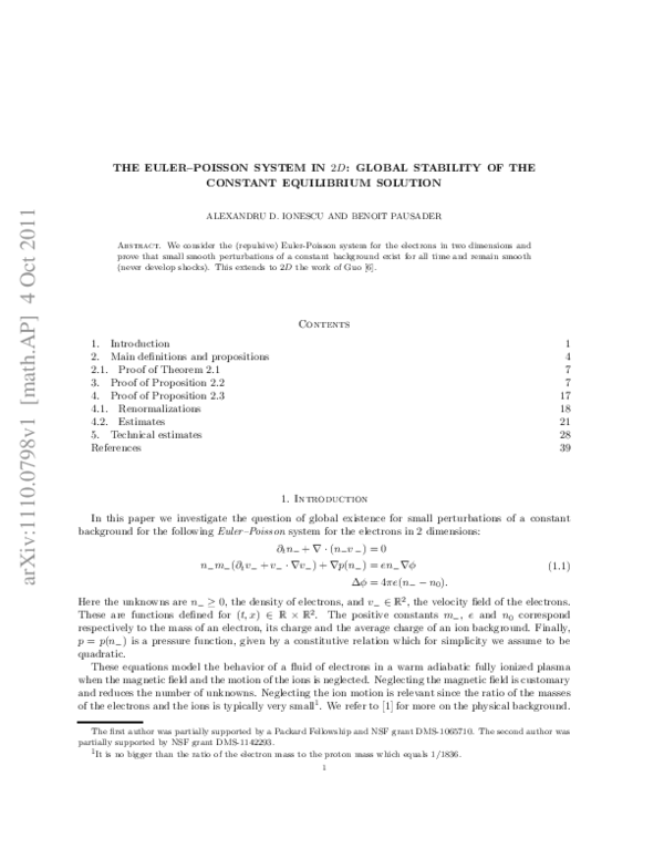(PDF) The Euler–Poisson System in 2D: Global Stability of the Constant Equilibrium Solution