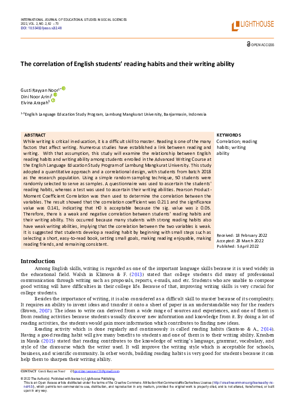 (PDF) Correlation of English students’ reading habits and their writing ...