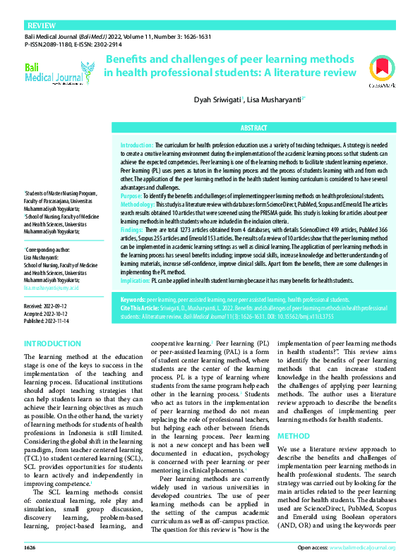 (PDF) Benefits and challenges of peer learning methods in health ...