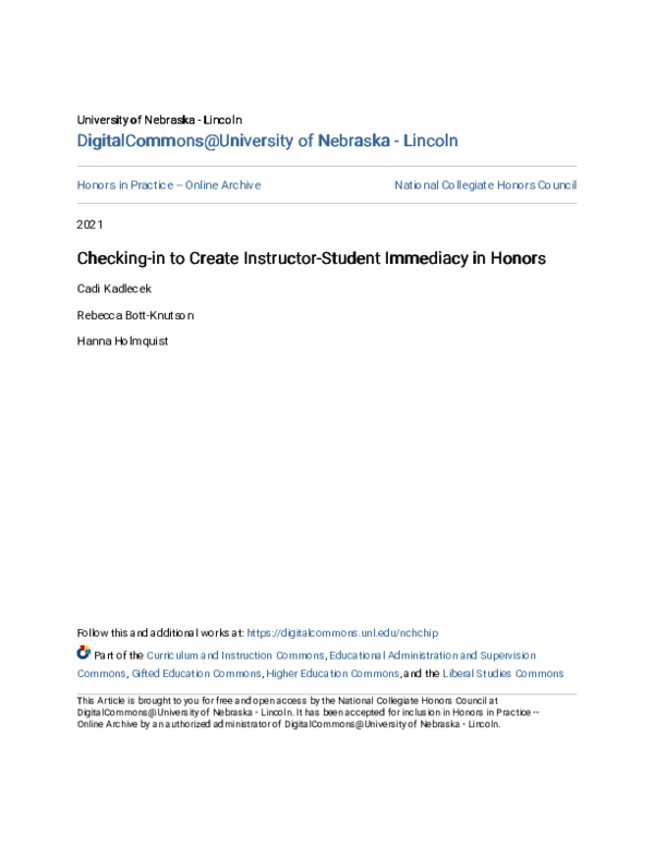 (PDF) Checking-In to Create Instructor-Student Immediacy in Honors