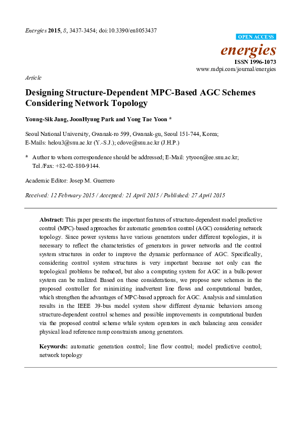 (PDF) Designing Structure-Dependent MPC-Based AGC Schemes Considering Network Topology