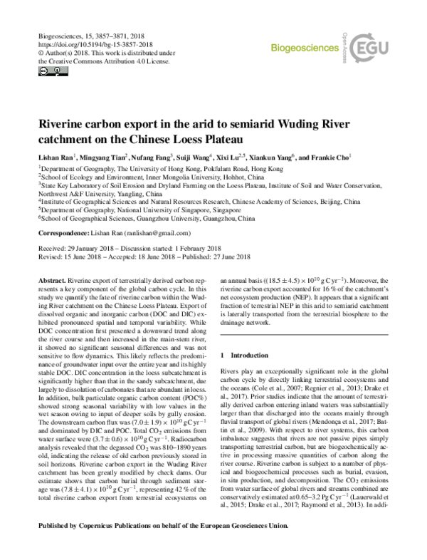 (PDF) Riverine carbon export in the arid to semiarid Wuding River ...