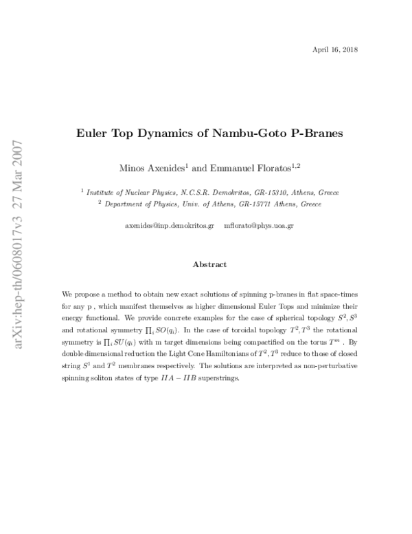 (PDF) Euler Top dynamics of Nambu-Goto p-branes