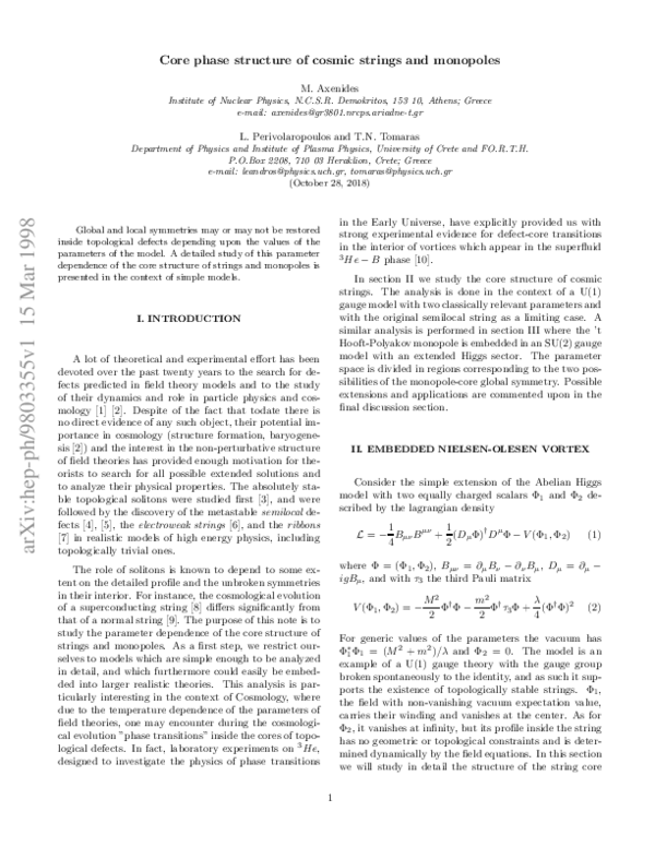 (PDF) Core phase structure of cosmic strings and monopoles