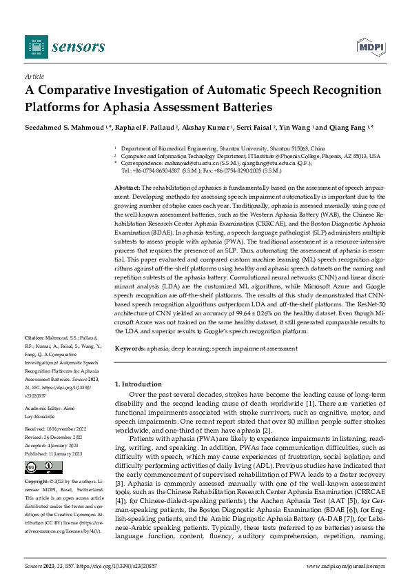 (PDF) A Comparative Investigation of Automatic Speech Recognition Platforms for Aphasia ...