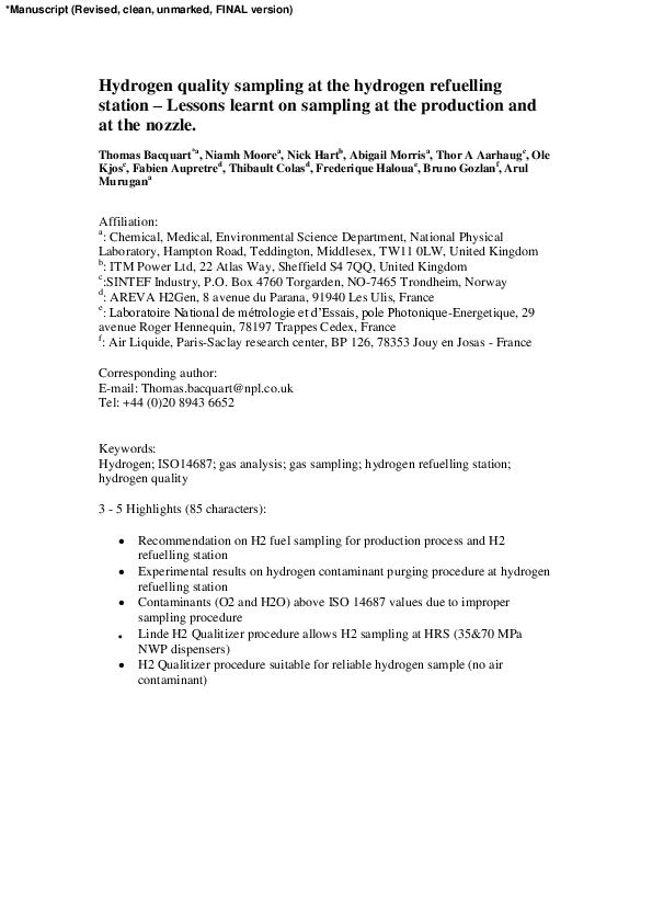 (PDF) Hydrogen quality sampling at the hydrogen refuelling station ...