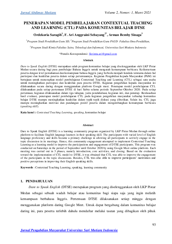 (PDF) Penerapan Model Pembelajaran Contextual Teaching and Learning (CTL) Pada Komunitas Belajar ...