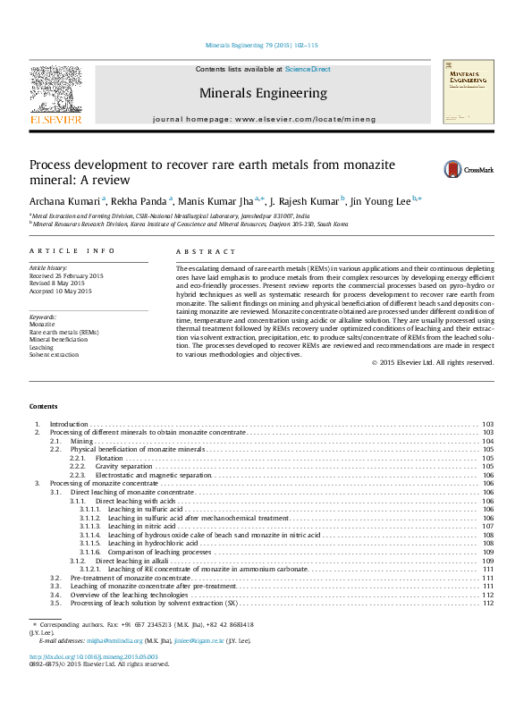 (PDF) Process development to recover rare earth metals from monazite ...