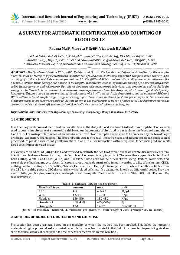 (PDF) A Survey for Automatic Identification and Counting of Blood Cells