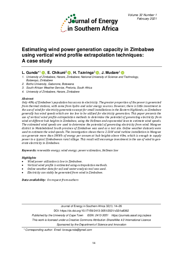 Pdf Estimating Wind Power Generation Capacity In Zimbabwe Using
