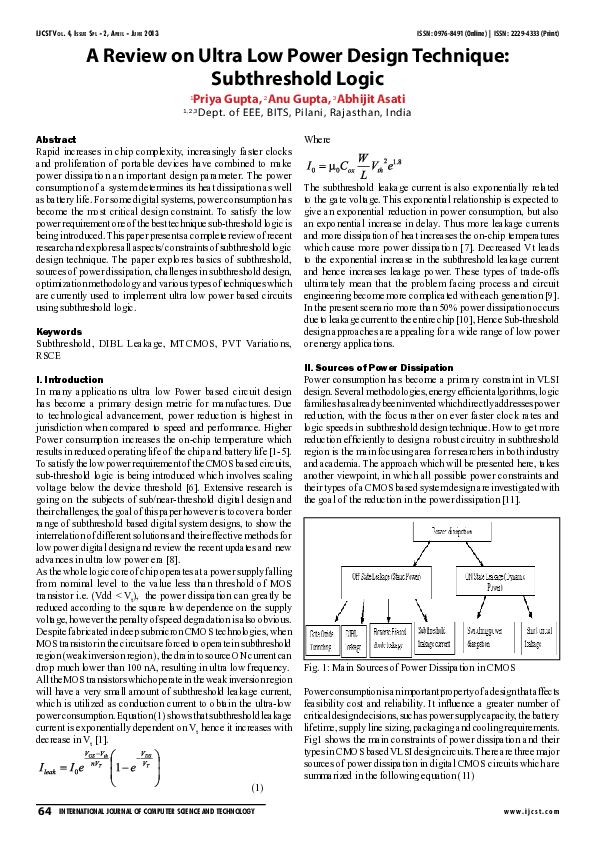 (PDF) A Review on Ultra Low Power Design Technique: Subthreshold Logic