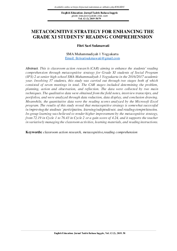 (PDF) Metacognitive Strategy for Enhancing the Grade XI Students ...
