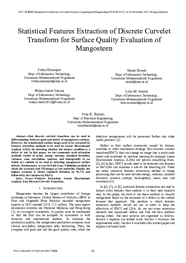 (PDF) Statistical features extraction of discrete curvelet transform for surface quality ...