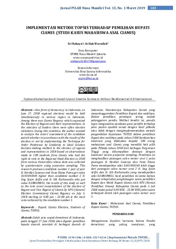 (PDF) Implementasi Metode Topsis Terhadap Pemilihan Bupati Ciamis (Studi Kasus Mahasiswa Asal ...